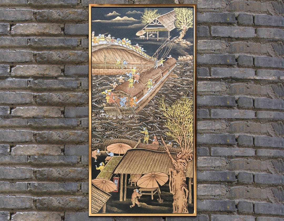 Hand-painted Chinese Lacquer Painting: Qingming River Scene, Framed - Etsy