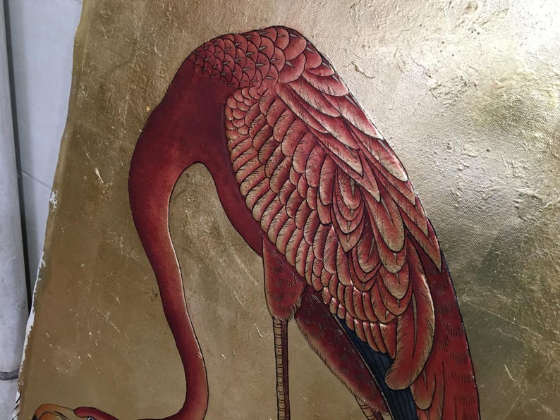 Flamingo Painting, Gold Leaf, Chinese Lacquer, Framed Original - Etsy