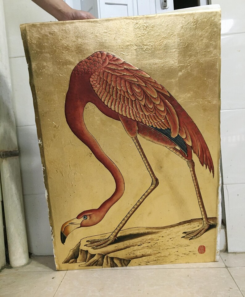 Flamingo Painting, Gold Leaf, Chinese Lacquer, Framed Original - Etsy