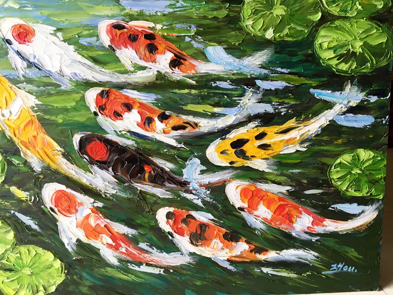 Original Oil Painting9 Koi Fish Paintingpalette Knife - Etsy