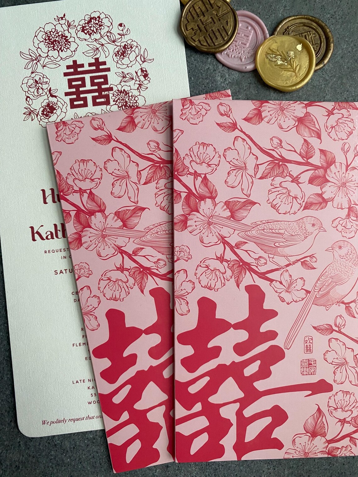 Large Chinese Wedding Double Happiness Red Packets / Envelopes: Florals ...