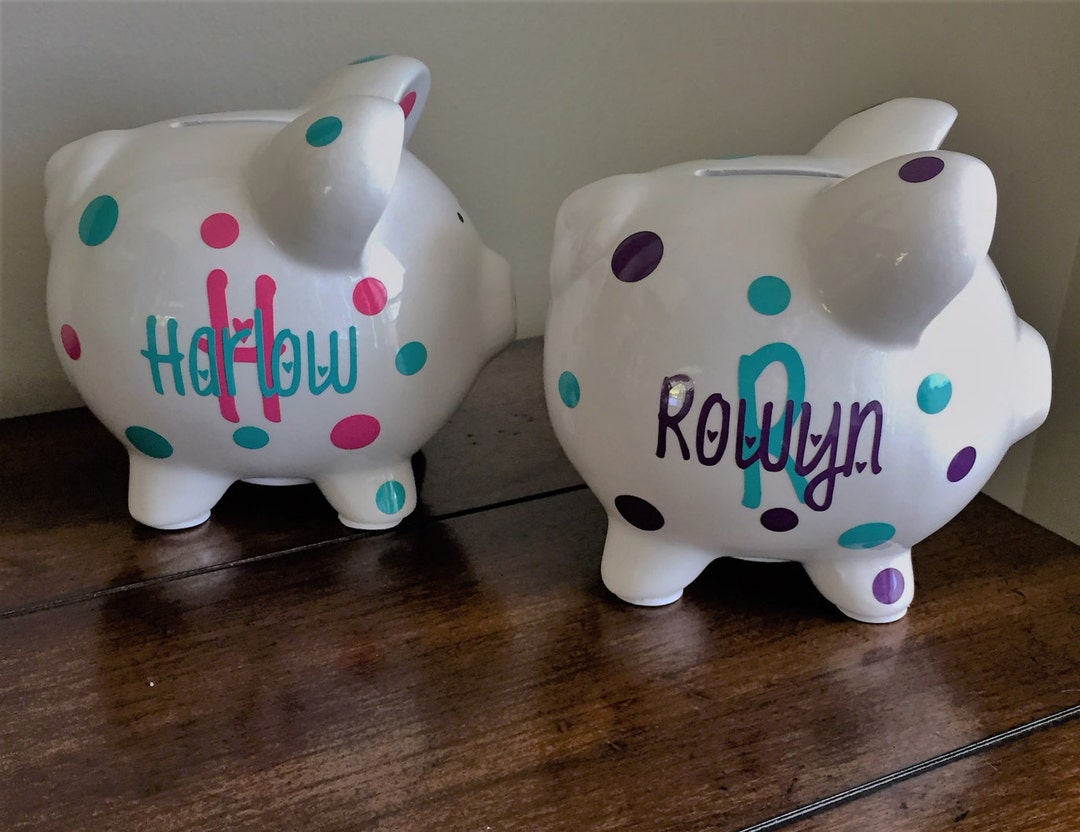 Personalized Piggy Bank: Vinyl Name Decal, Polka Dot Design - Etsy