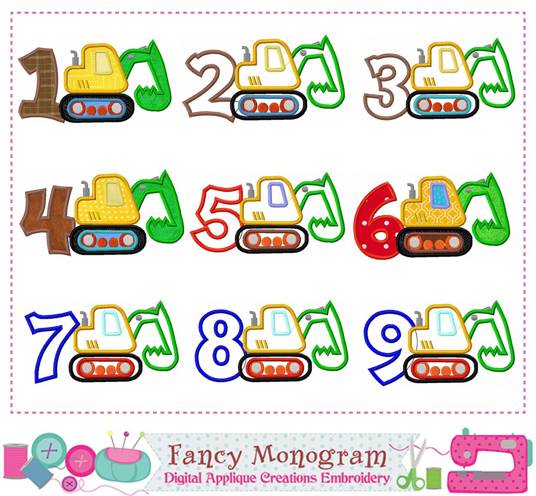 Machine Embroidery Numbers Construction Digger Digshell Shovel Applique ...