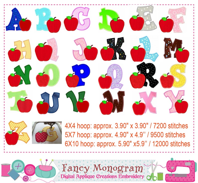 Apple Monogram Alphabet Embroidery Font - Back to School Design -1486 ...