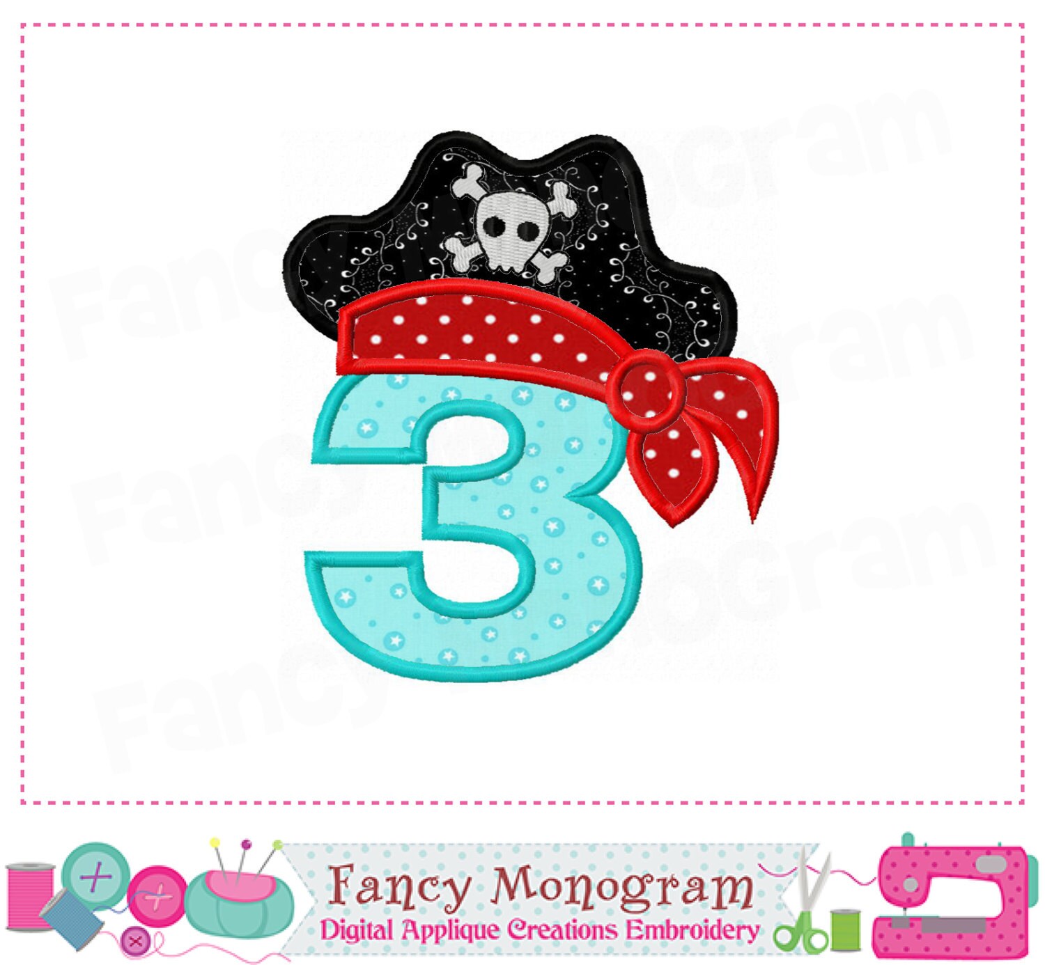 Pirate Number 3 applique Birthday Number 3 applique My | Etsy