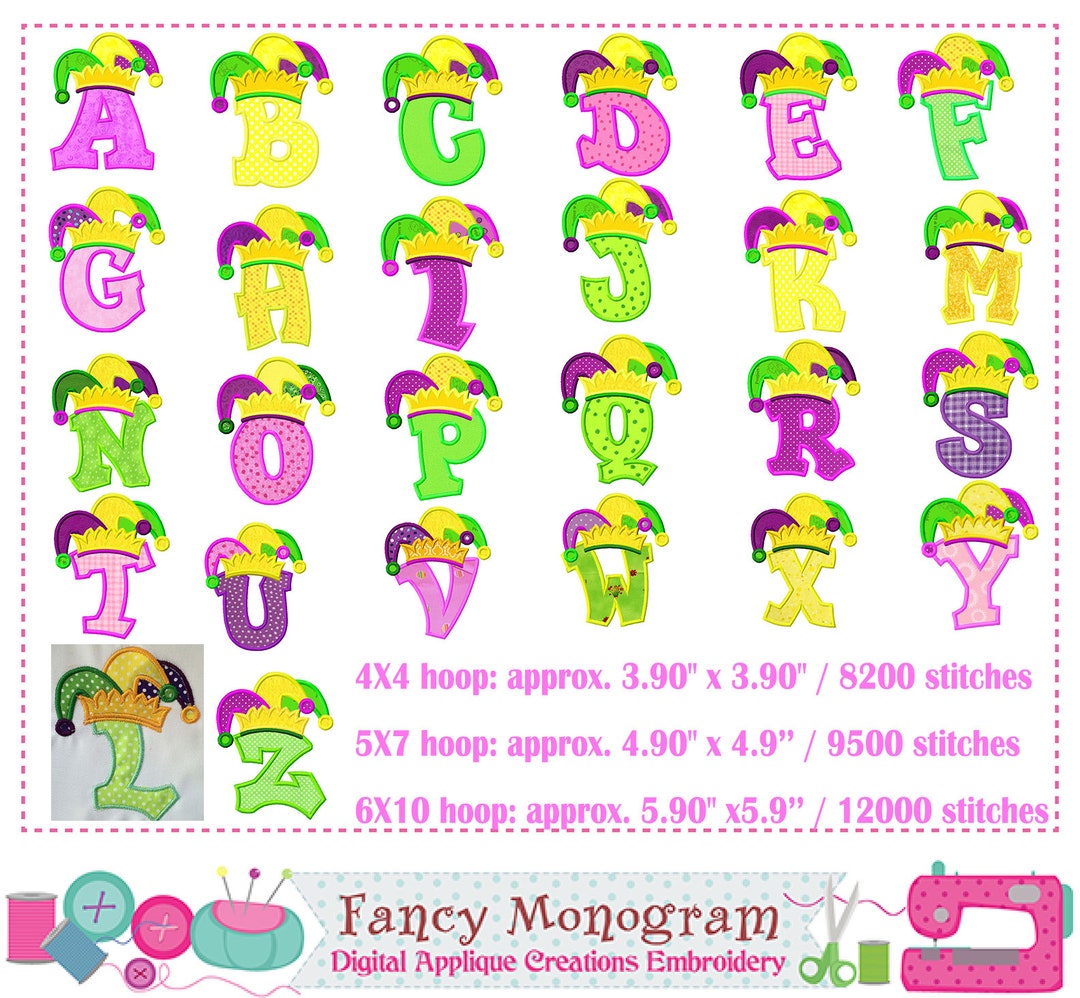 Jester Hat Monograms Applique Embroidery Mardi-gras Letters Embroidery ...