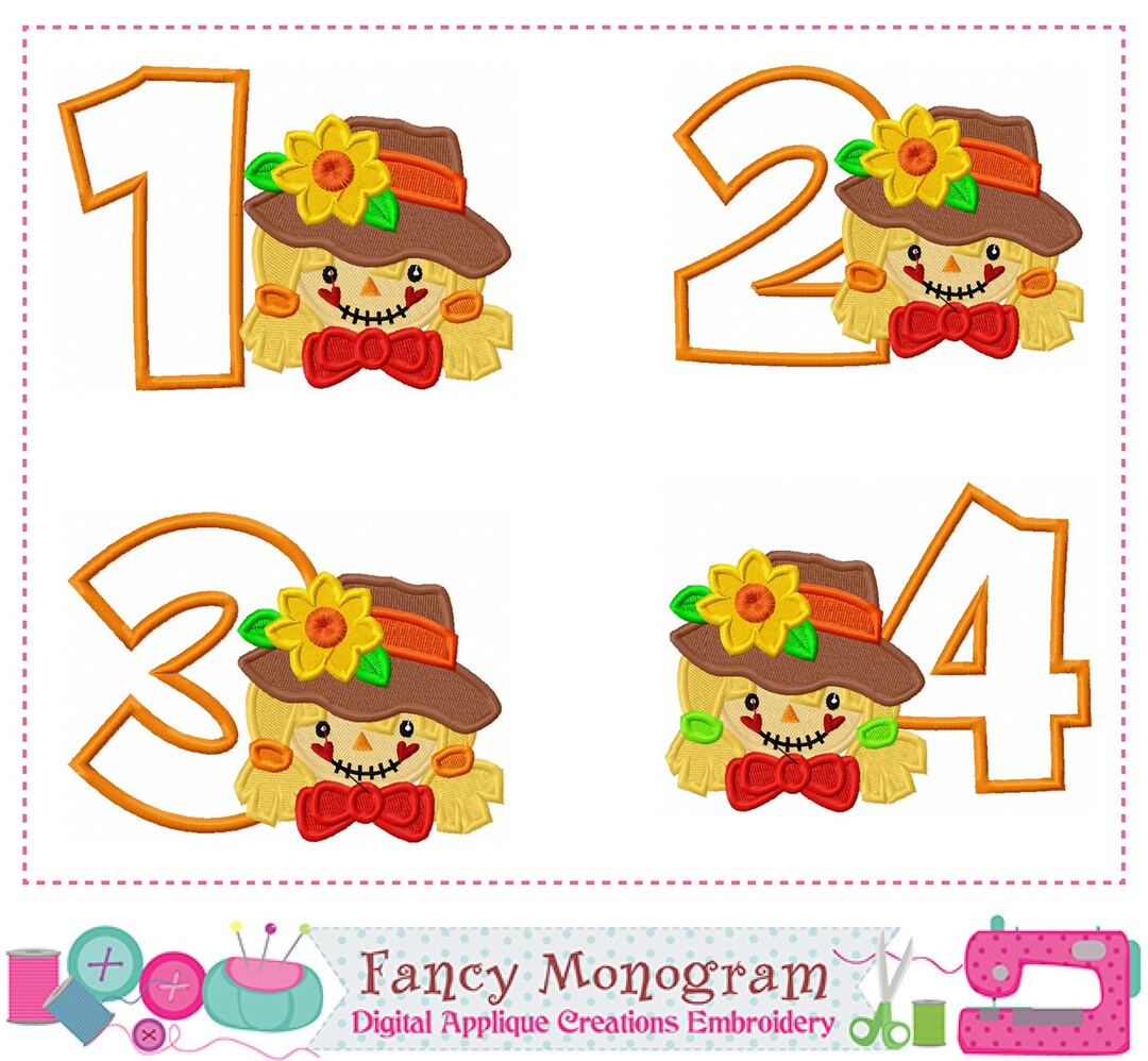 Scarecrow Numbers Applique Embroidery Design: Fall Thanksgiving ...