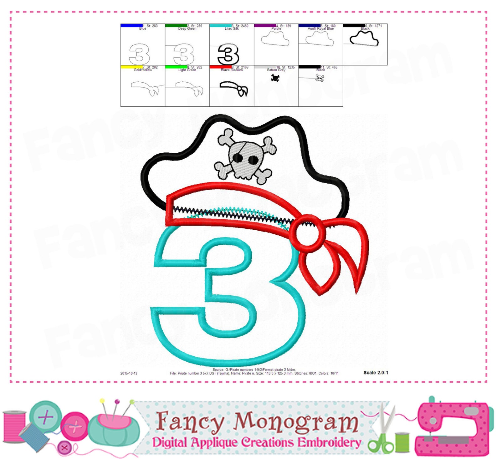 Pirate Number 3 Applique Birthday Number 3 Applique my - Etsy