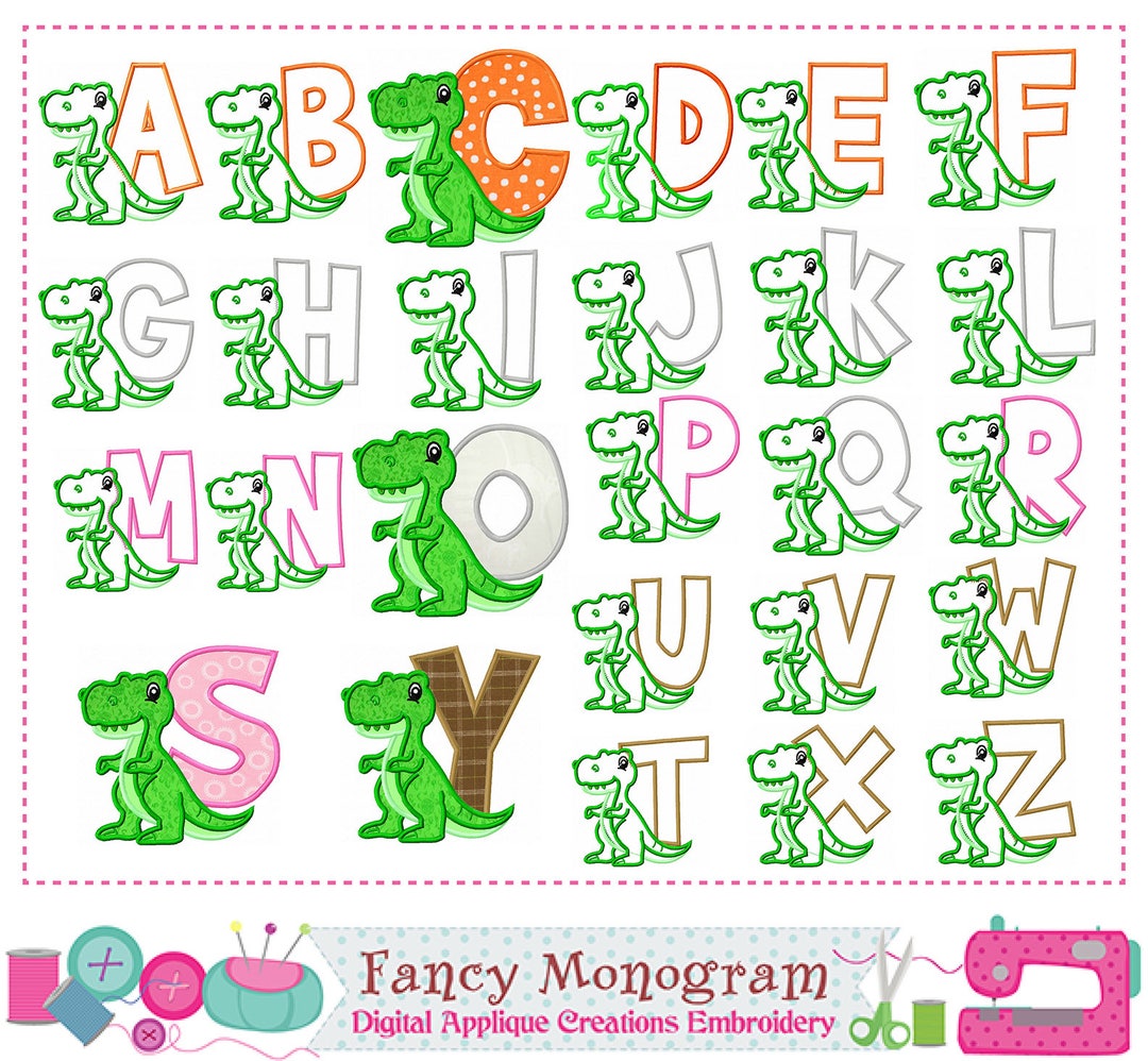 Dinosaur Applique Embroidery Fonts - T-rex Letters Monograms - Birthday ...