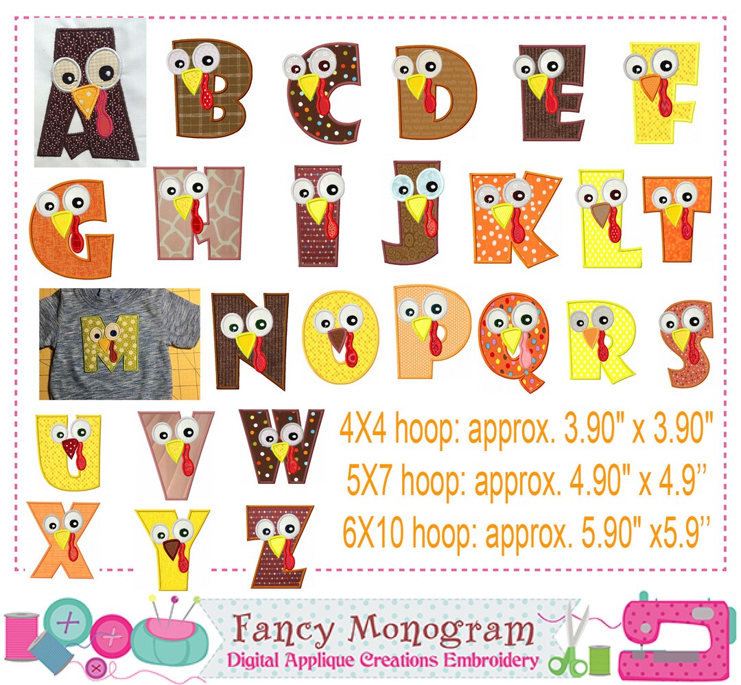Thanksgiving Turkey Alphabet Monogram: Machine Embroidery Applique ...