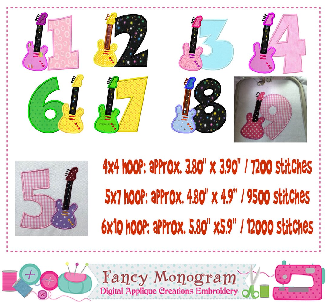 Machine Embroidery Numbers Guitar Design, Back to Shcool, Band Design ...