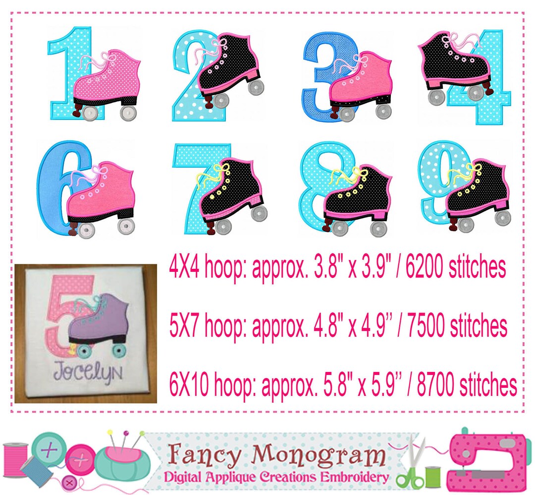 Roller Skate Numbers Applique Embroidery Design, Back to School, Sports ...