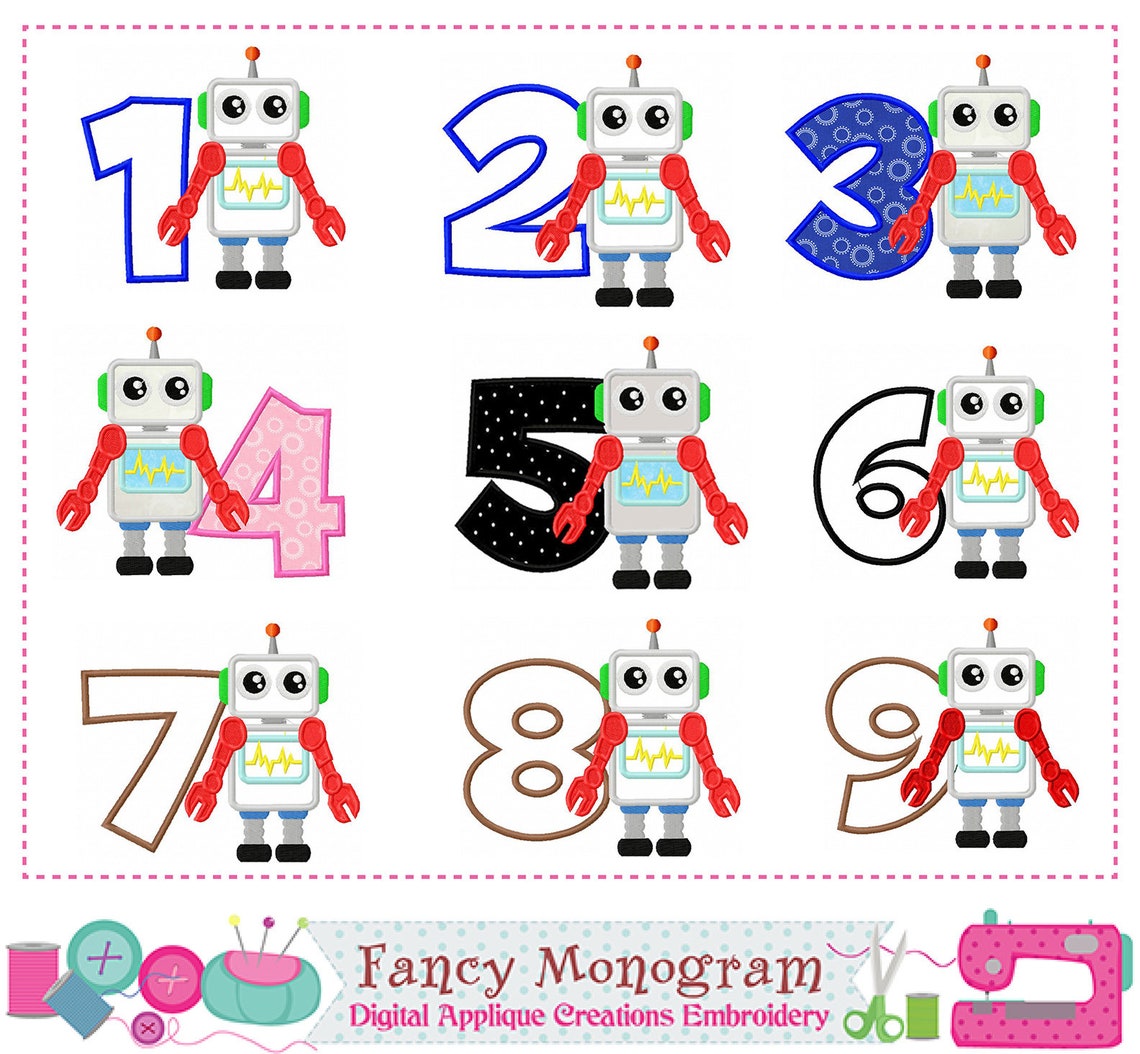 Robot Numbers Applique Embroidery Design Birthday Numbers - Etsy