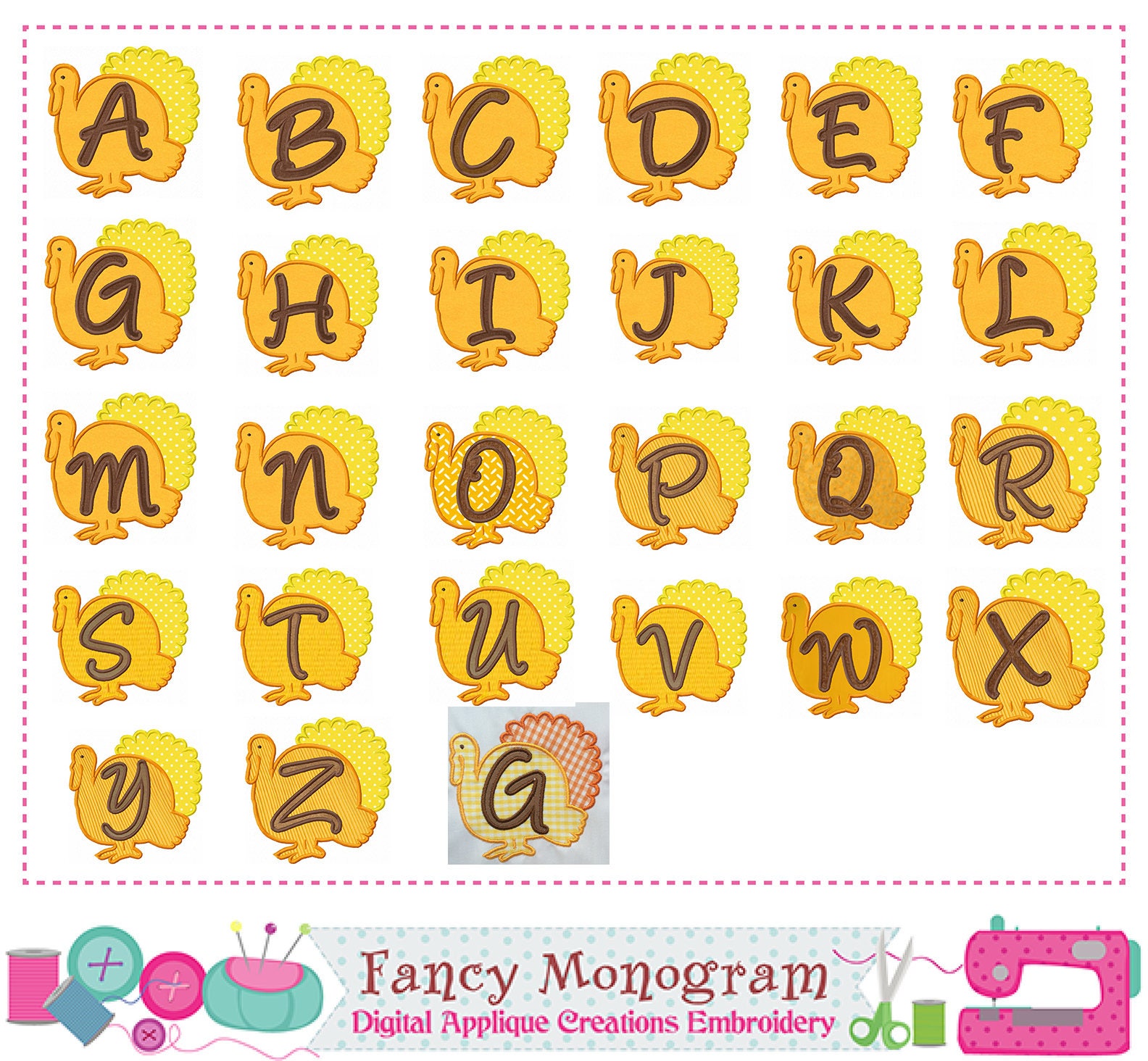 Thanksgiving Letters appliqueTurkey Monogram AZ | Etsy