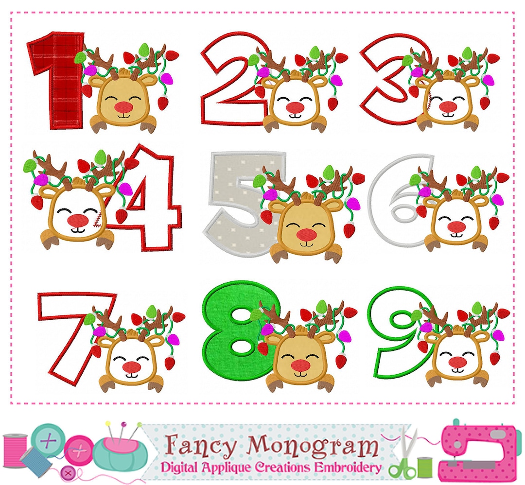 Christmas Numbers Embroidery Design Reindeer Numbers Applique Design ...