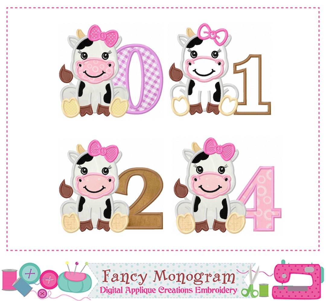 Cow Numbers Applique - Farm Birthday Bow Embroidery 246C - Etsy