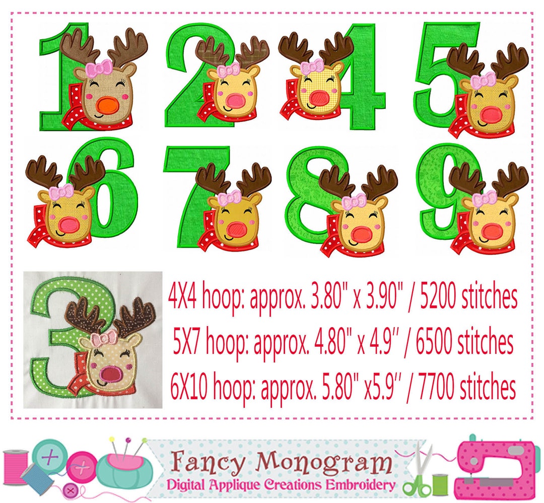 Reindeer Numbers Applique Christmas Numbers Applique Design Birthday ...