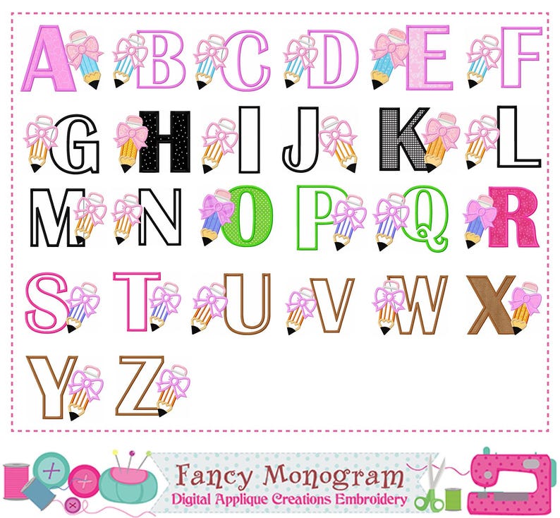 Bow Font School Pencil Monogram Alphabet - Embroidery & Applique ...