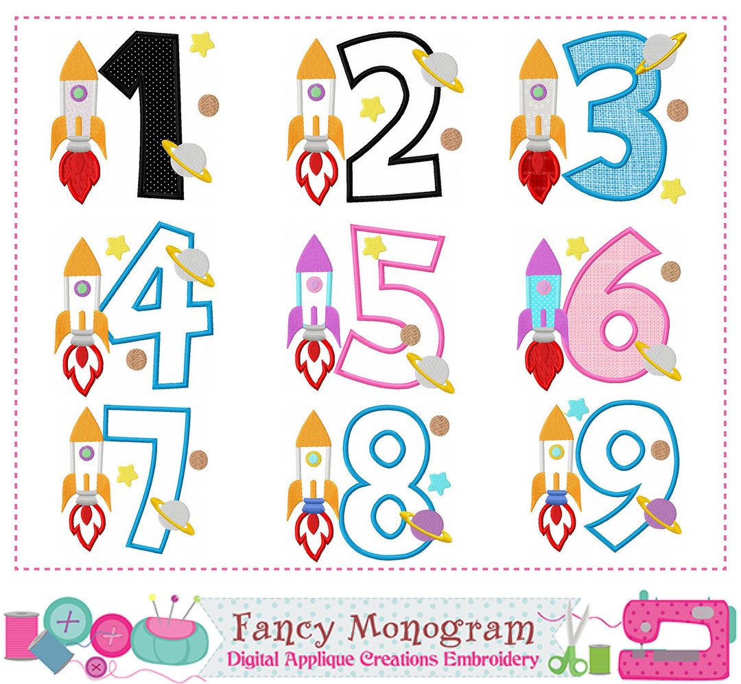 Space Ship Applique Embroidery Numbers Set - Universe Planet Theme ...