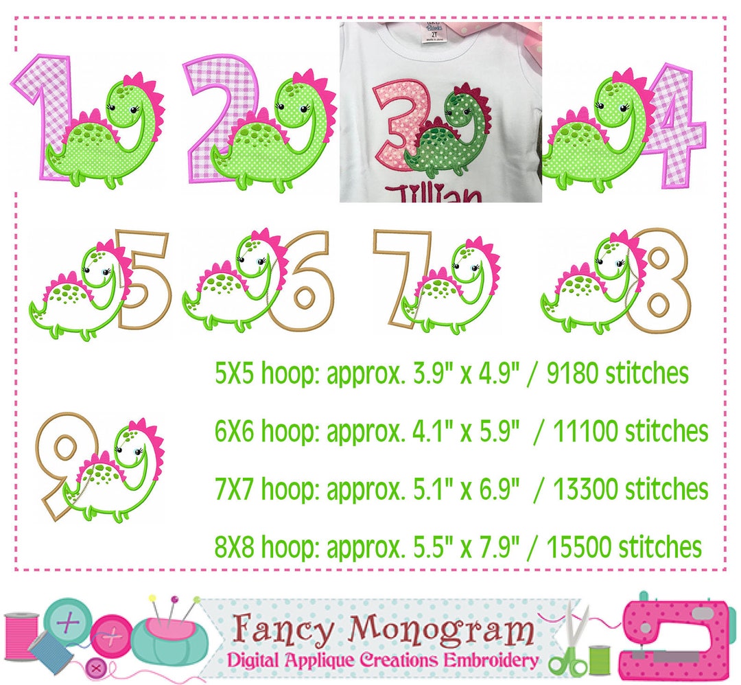 Machine Embroidery Numbers Dinosaur Design, Baby Girl Embroidery ...