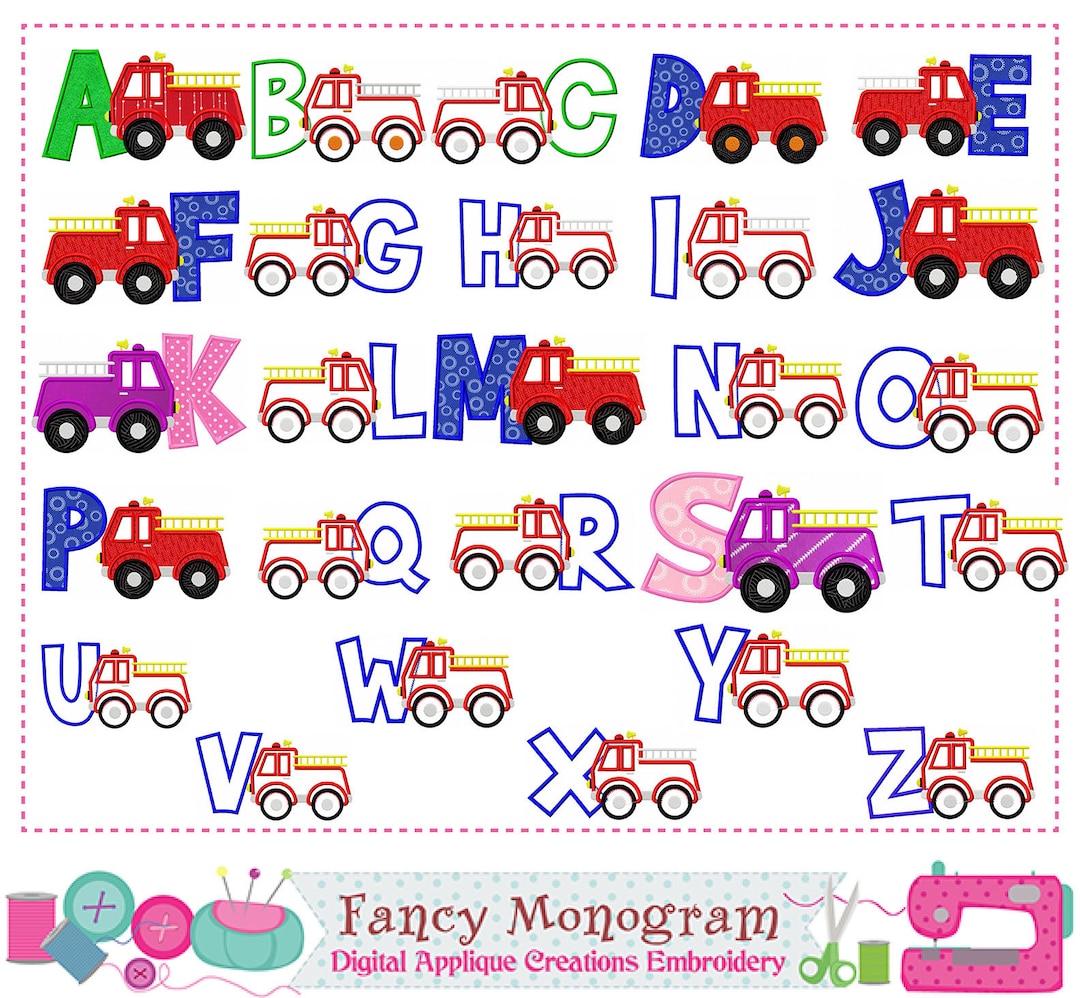 Firetruck Applique Alphabet Font - Monogram Letters Machine Embroidery ...