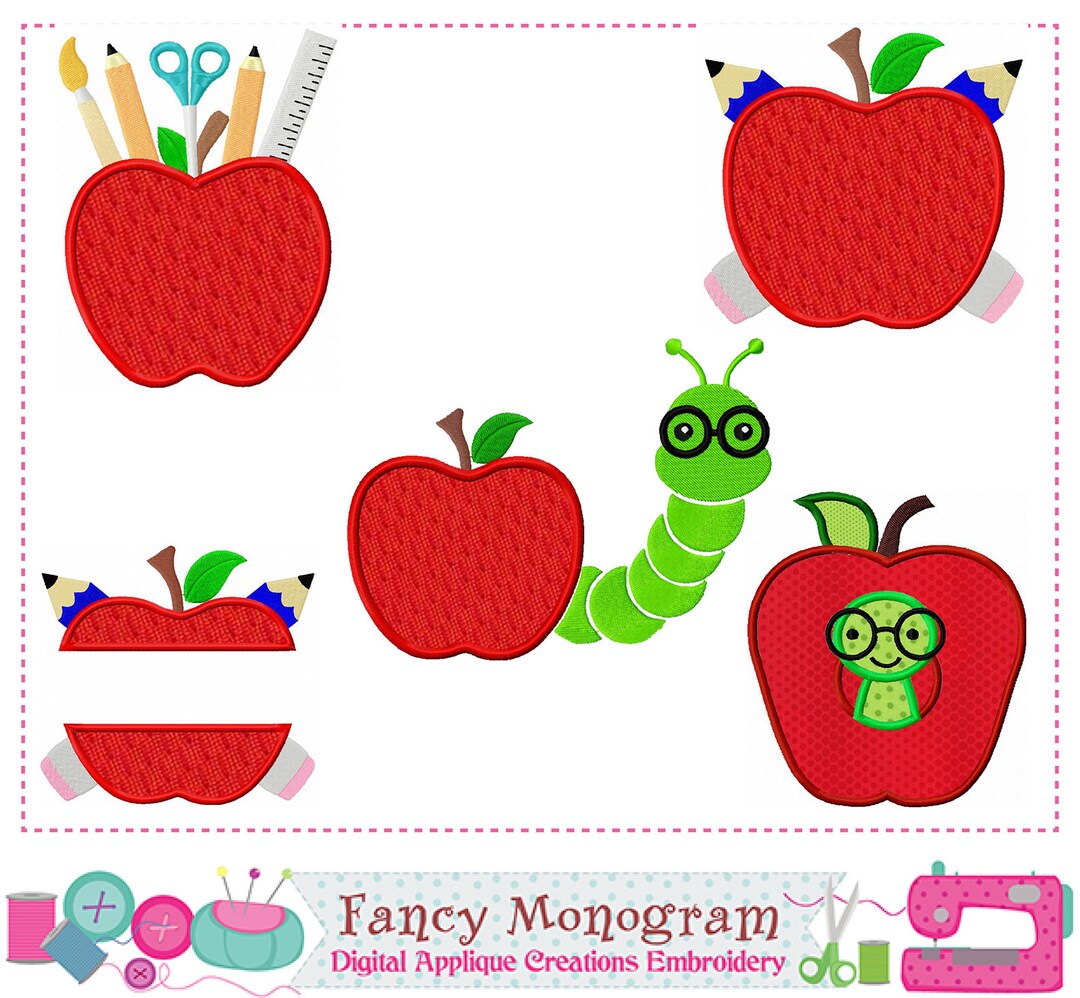 Apple Embroidery Applique: Back to School Bookworm Design (digital ...