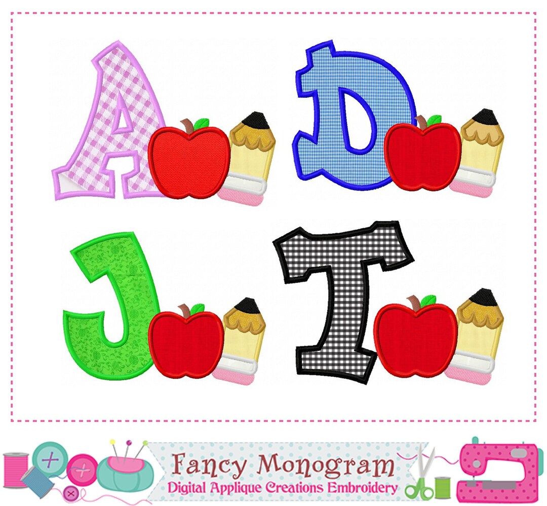 Apple Monograms Embroidery Font - Back to School Alphabet Applique ...