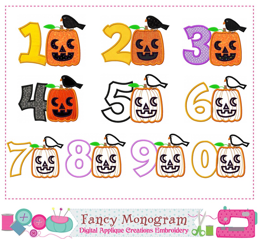Pumkin Crow Numbers Design Halloween Numbers Applique Birthay Numbers ...