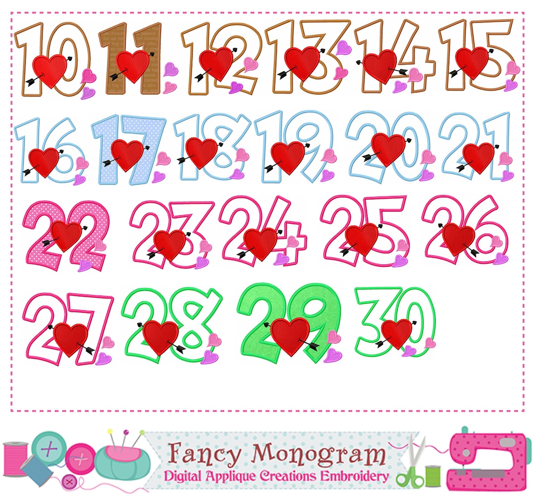 Valentine's Day Numbers Applique Machine Embroidery Design - Birthday ...