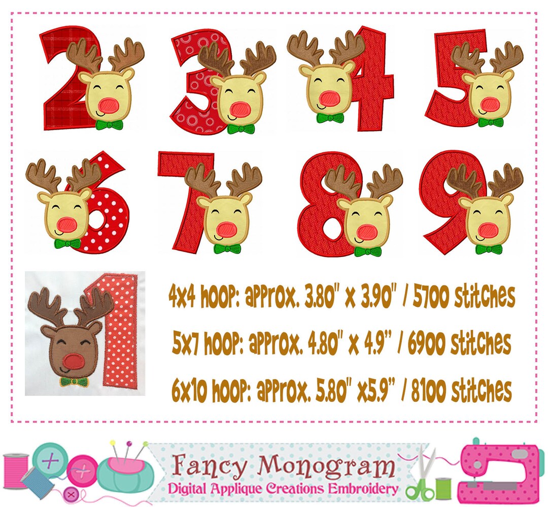 Christmas Numbers Applique Design Reindeer Numbers Embroidery Design ...