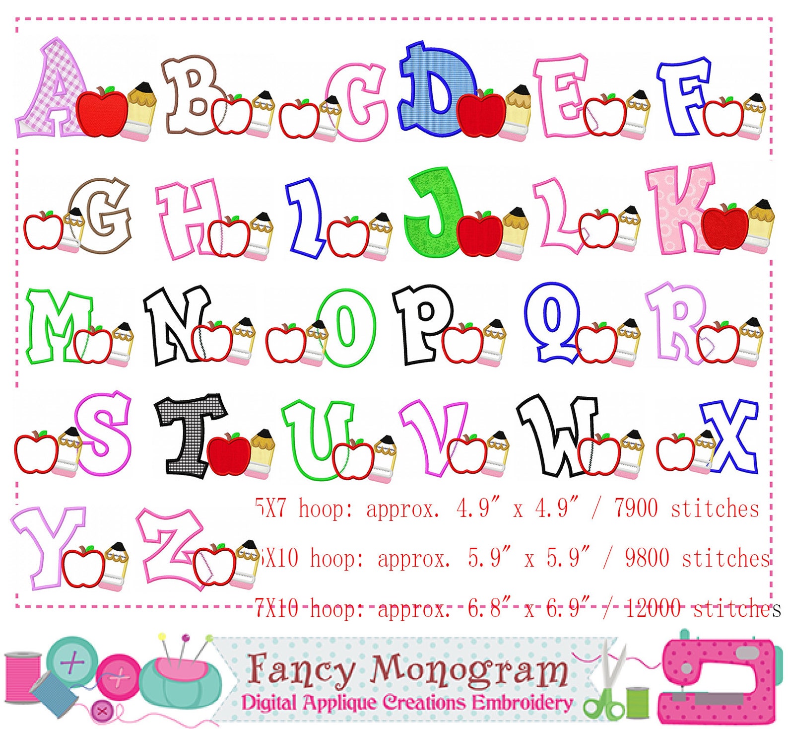 Apple Monograms Embroidery Font - Back to School Alphabet Applique ...