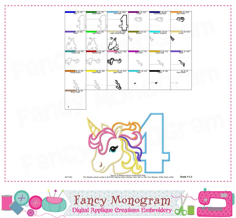 Rainbow Unicorn Number 4 Applique Embroidery Design for 4th Birthday ...