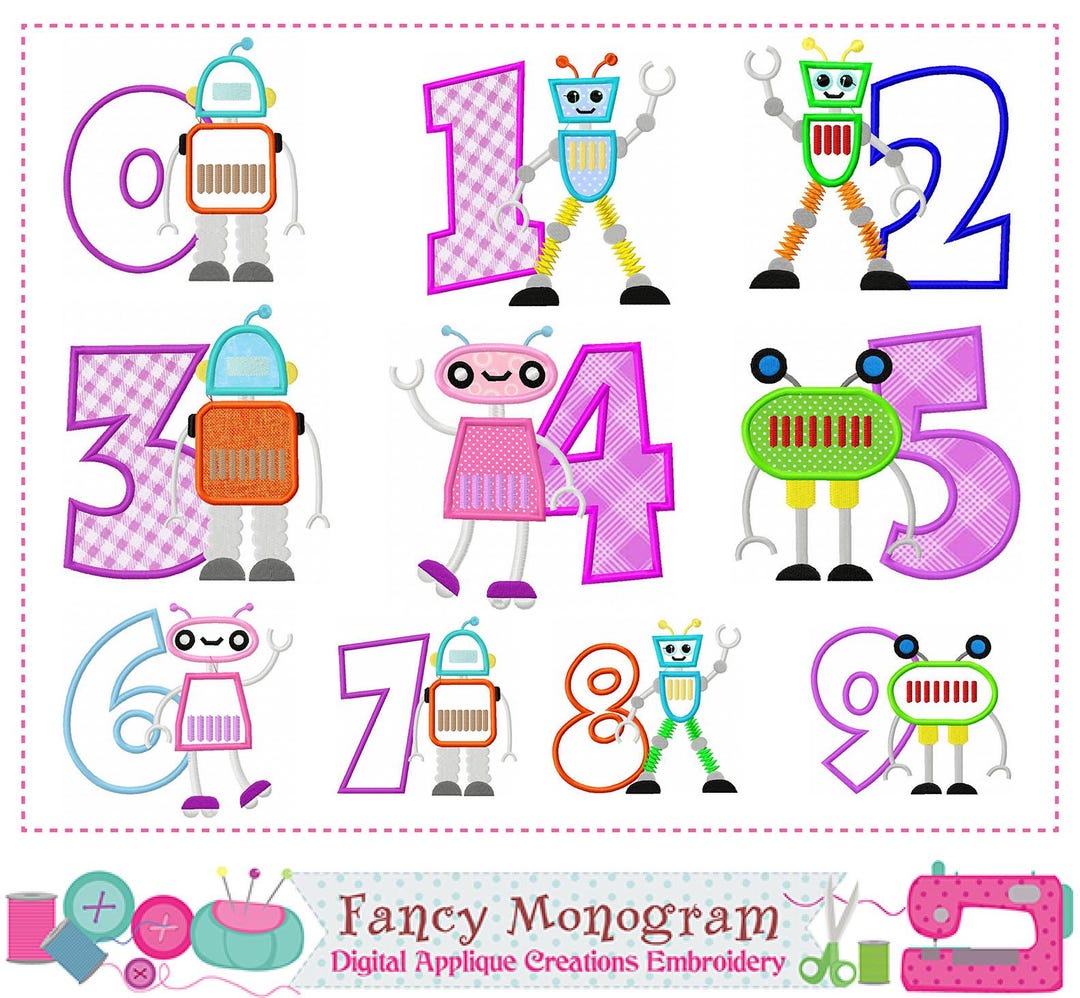 Whimsical Robot Numbers Machine Embroidery Applique Design - Birthday ...