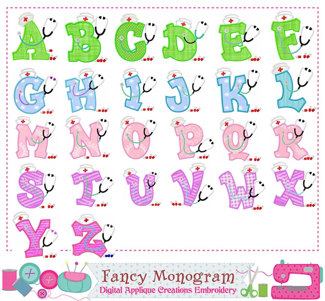 Nurse Alphabet Monogram Fonts - Machine Embroidery Design - Medical ...