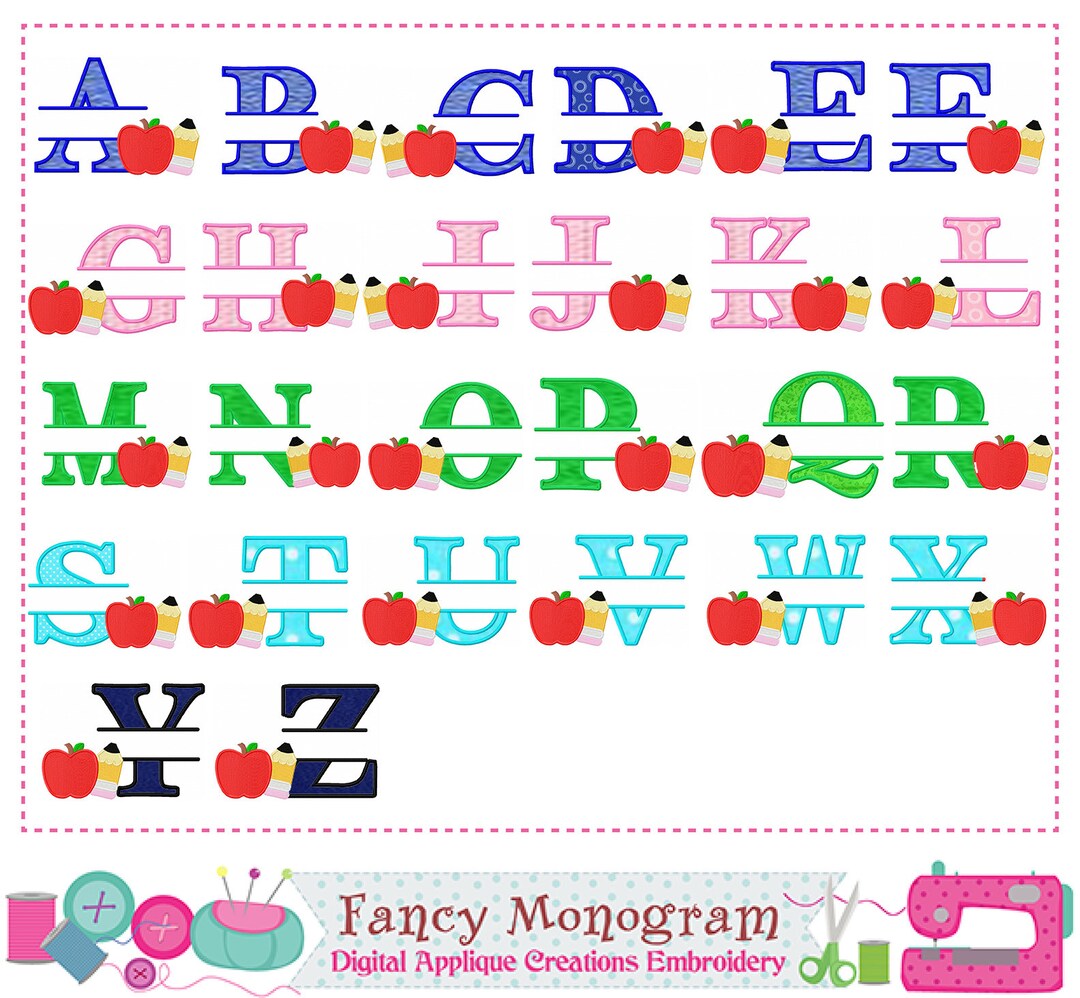 School Split Monograms Applique Embroidery Design Student Split Letters ...
