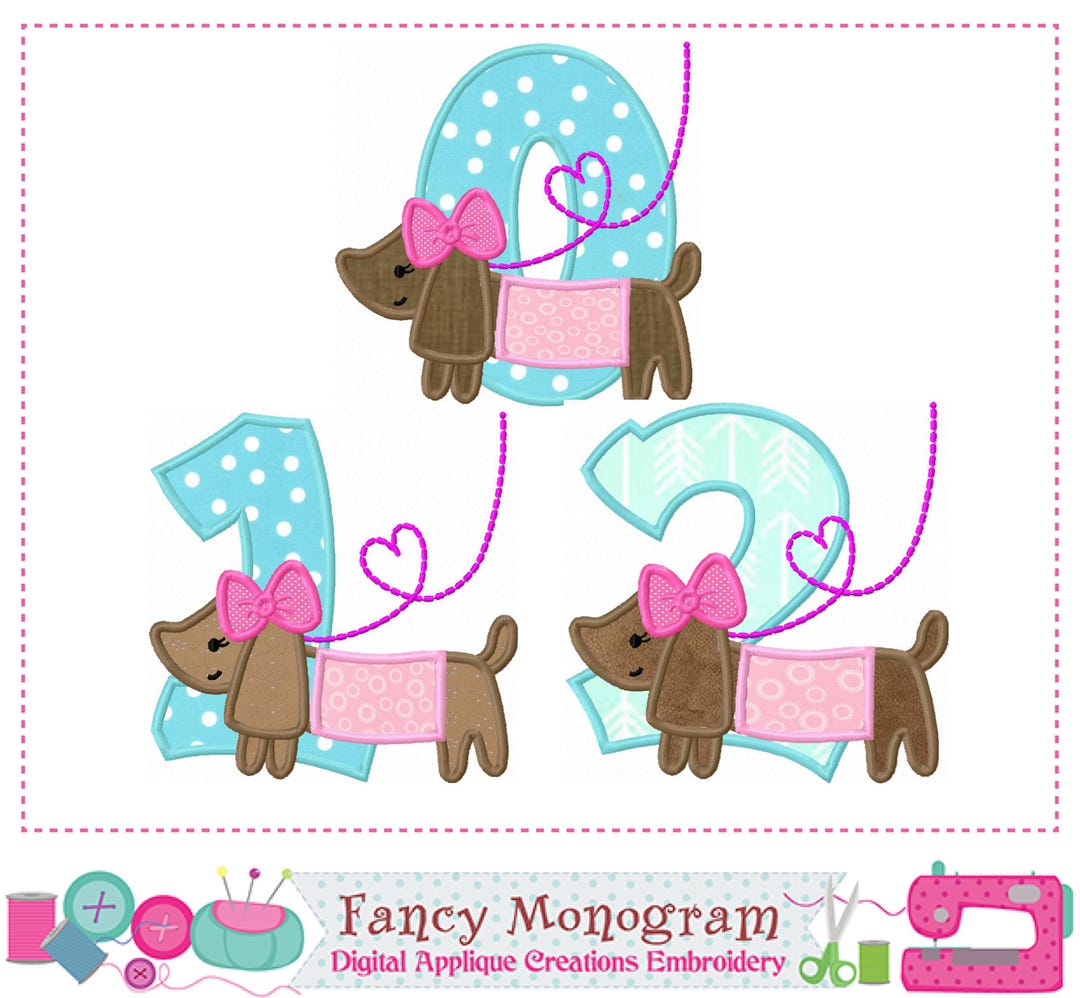 Numbers Dog Bow Applique - Birthday Gift Puppy Design - Machine ...