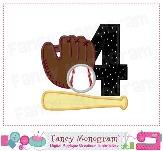 Baseball Number 4 applique My 4th Birthday Number 4 | Etsy