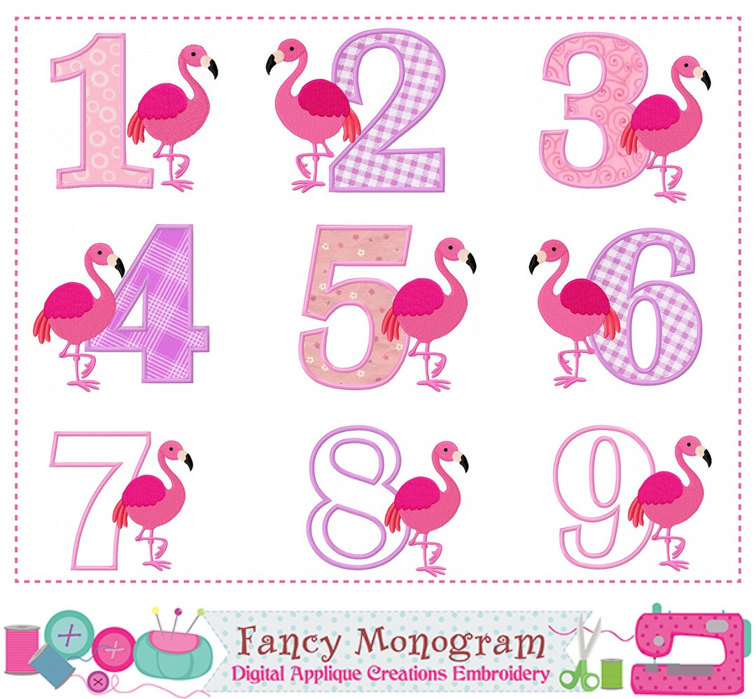 Flamingo Numbers Applique Embroidery Girl Babies Birthday Party ...