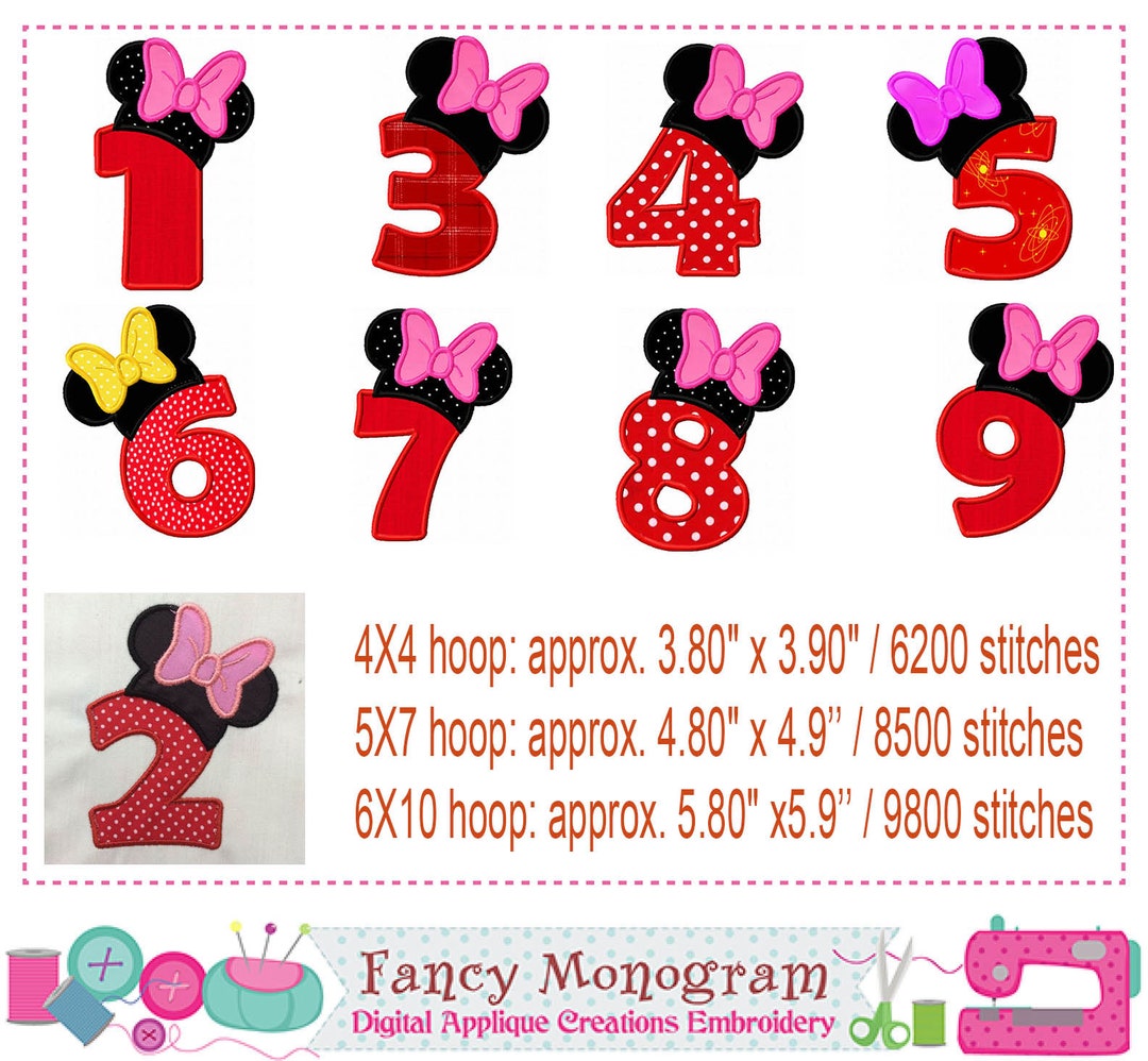 Machine Embroidery Minnie Numbers Applique Embroidery, Minnie Design ...