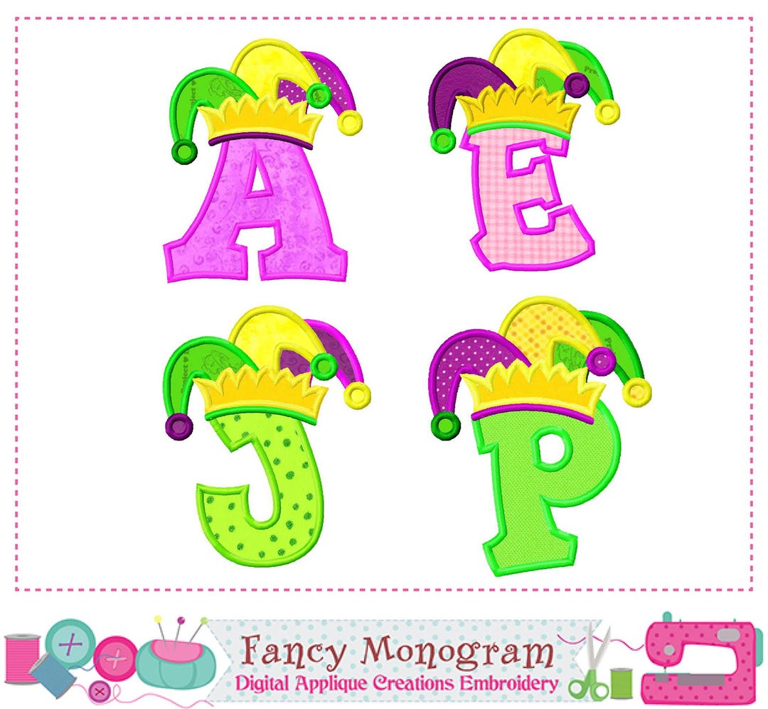 Jester Hat Applique Embroidery Font - Mardi Gras Monogram Alphabet ...