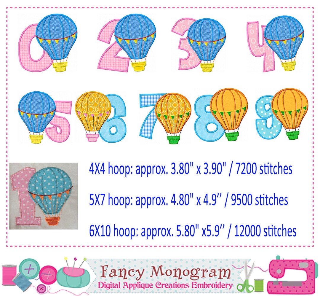 Hot Air Balloon Numbers Applique Embroidery Birthday Party School ...
