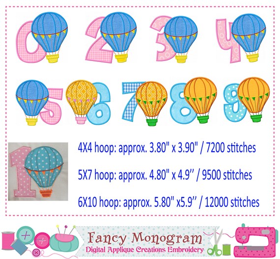 Hot Air Balloon numbers applique Birthday Numbers embroidery | Etsy