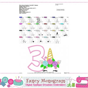 Unicorn Number 3 Applique Design My 3rd Birthday Unicorn Applique ...