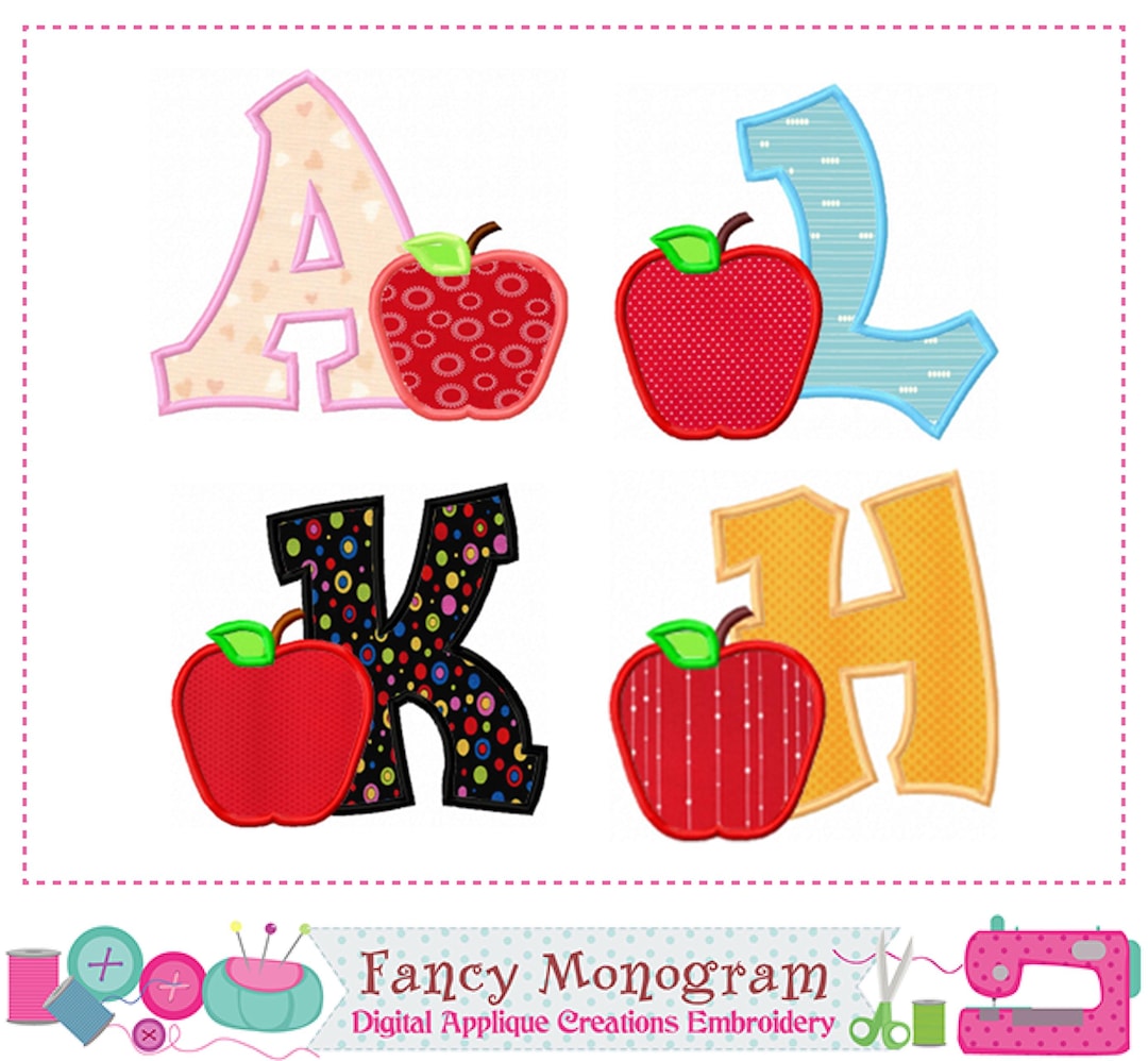 Apple Monogram Alphabet Embroidery Font - Back to School Design -1486 ...