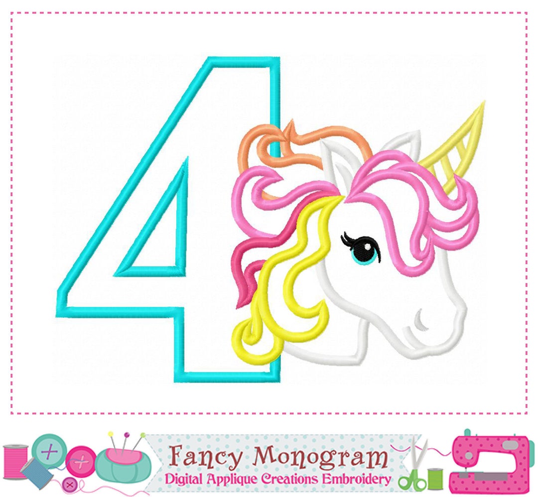 Rainbow Unicorn Number 4 Applique Rainbow Unicorn My 4th Birthday ...
