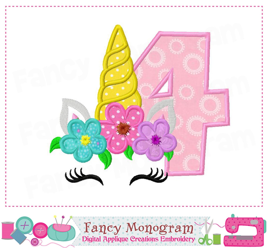 Unicorn Number 4 Design My 4th Birthday Unicorn Applique - Etsy