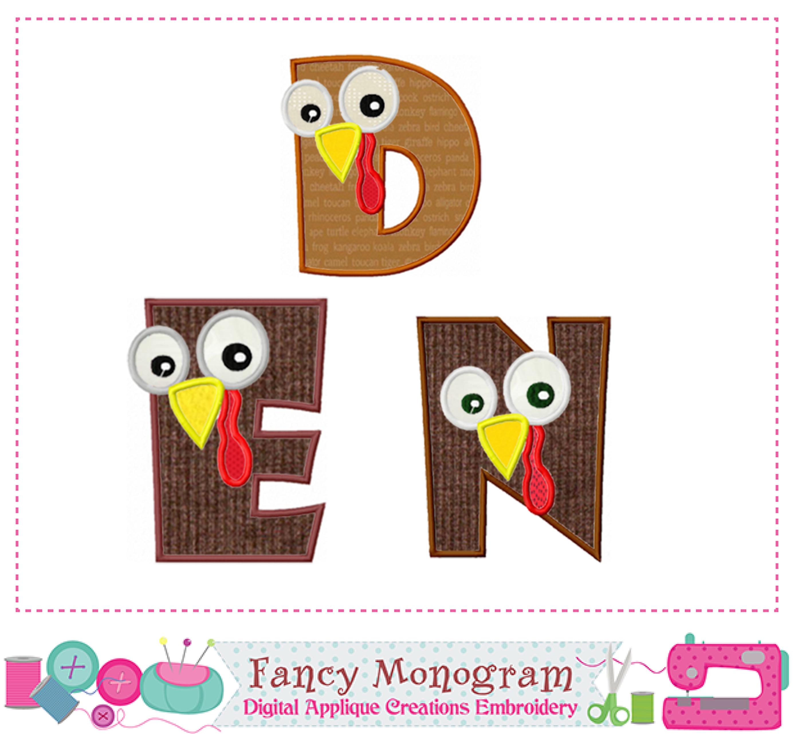 Thanksgiving Turkey Alphabet Monogram: Machine Embroidery Applique ...