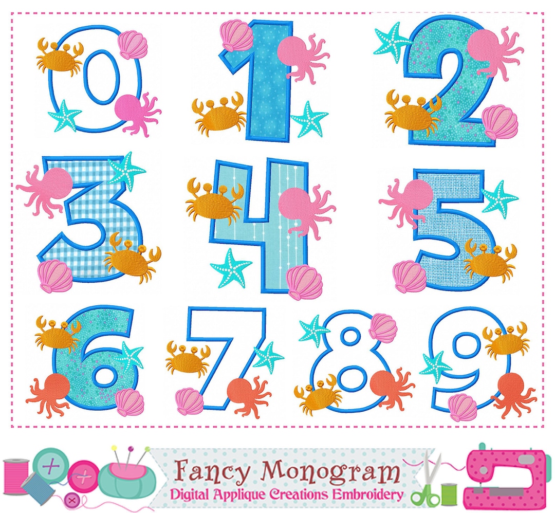 Summer Beach Numbers Applique Embroidery Design Sea Animal Embroidery ...