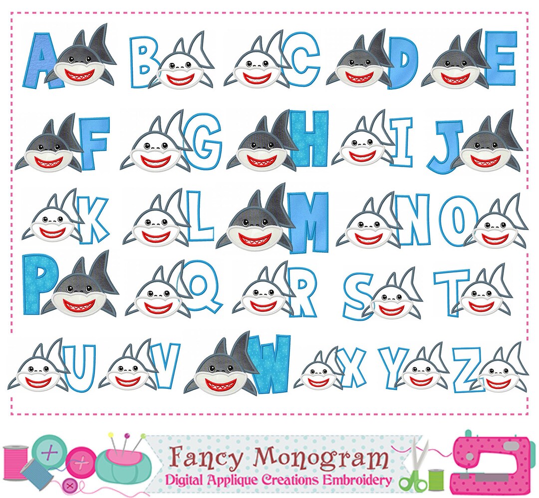 Shark Letters Applique Design Birthday Party Monograms Embroidery ...