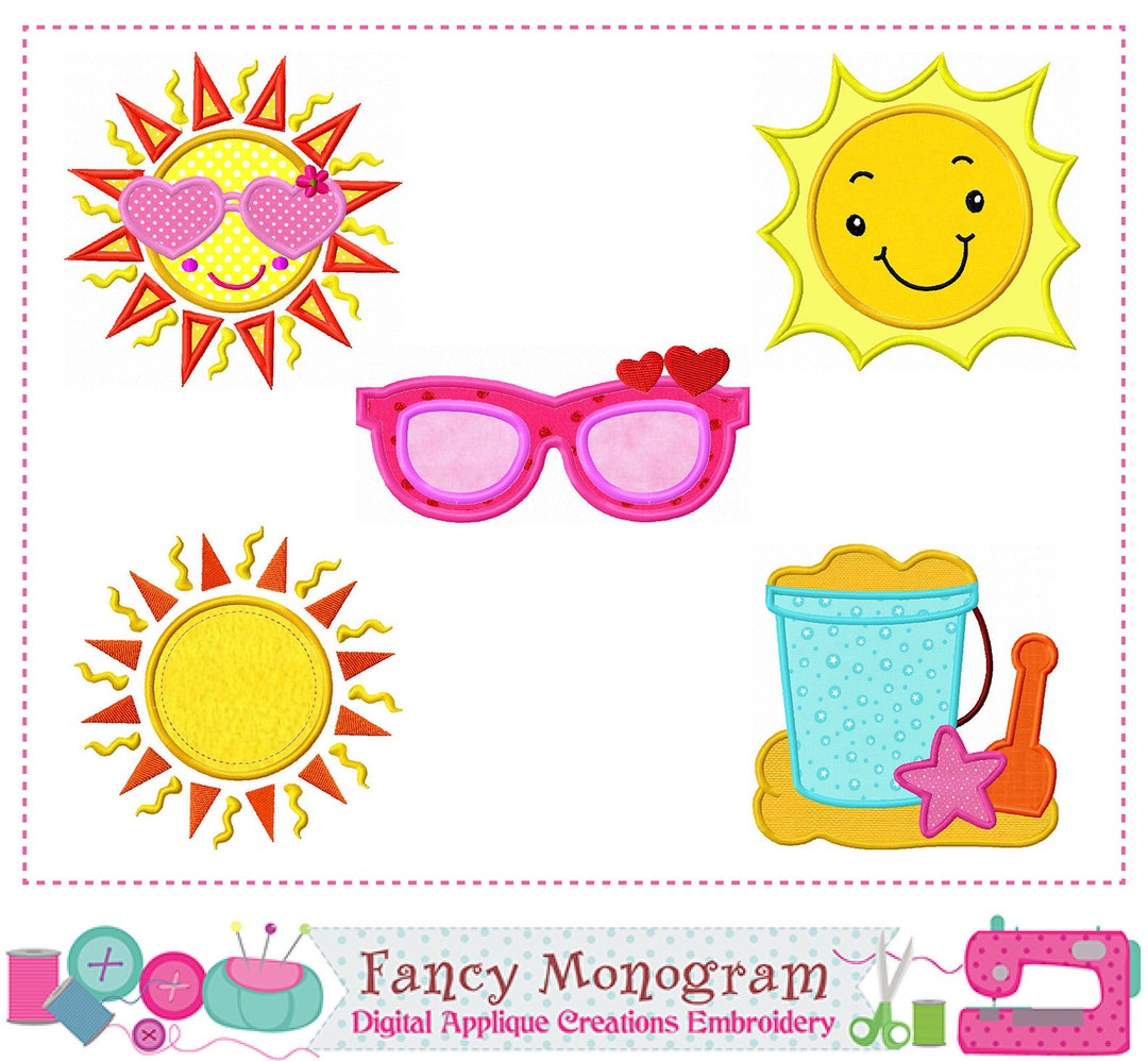 Beach Sun Applique Embroidery Design: Summer Shirt Pattern (4x4, 5x7 ...